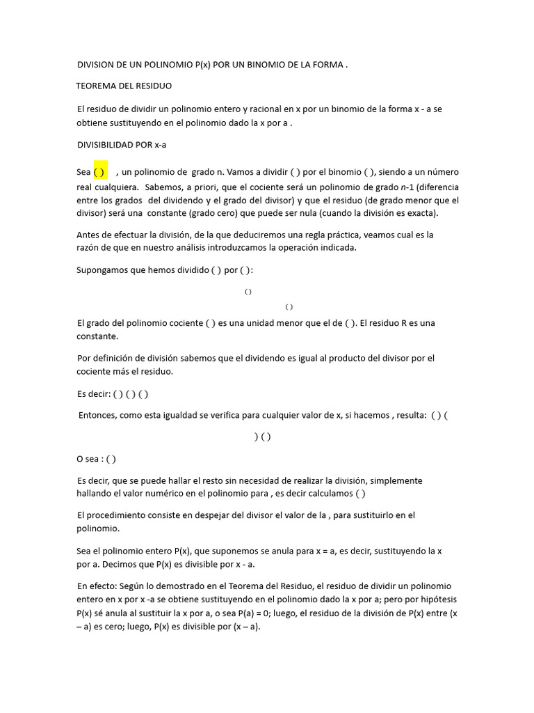 Teorema del Resto en Polinomios | PDF | División (Matemáticas ...
