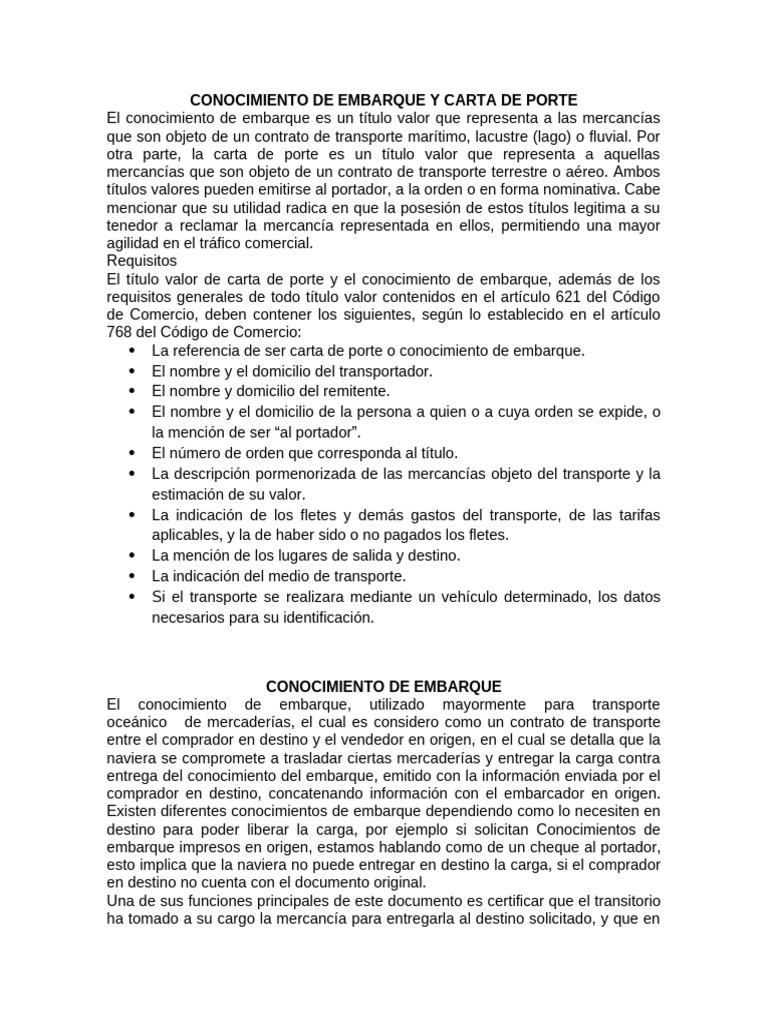 Conocimiento de Embarque y Carta de Porte | PDF | Guía de carga