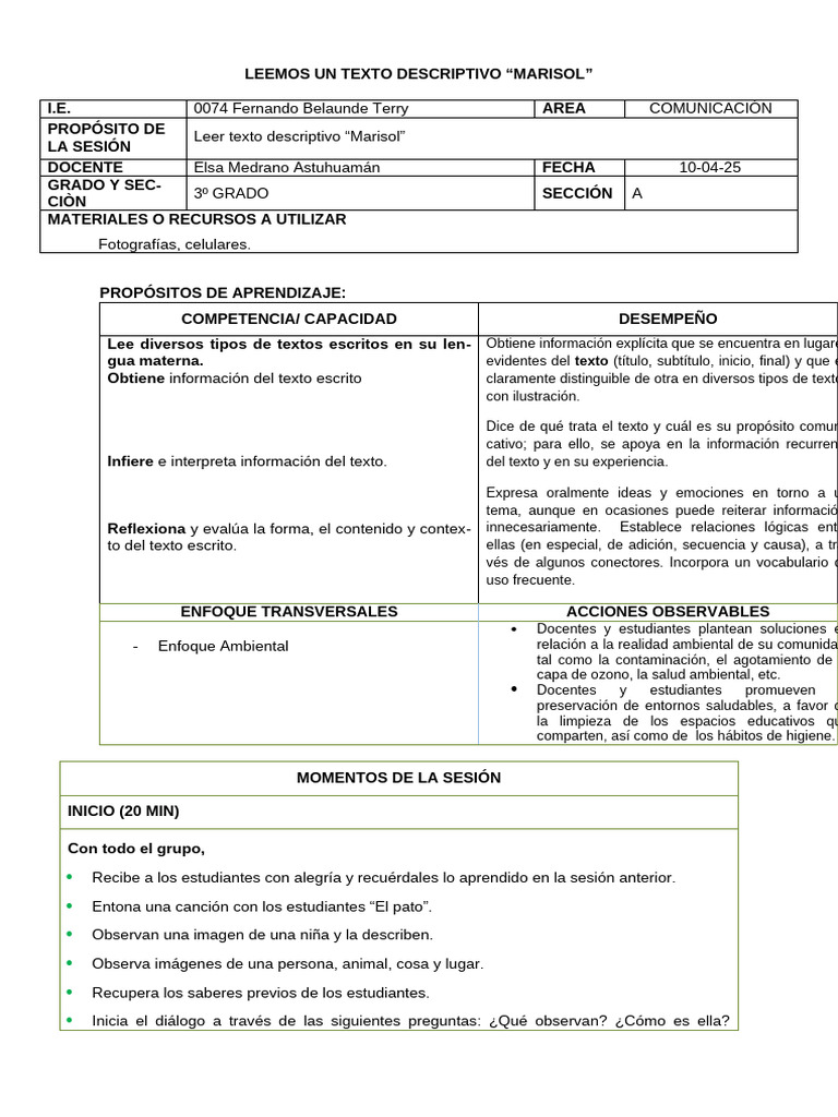 Leemos Un Texto Descriptivo "Marisol" | PDF