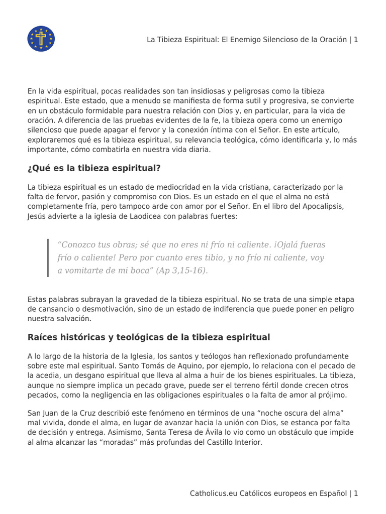 Combatiendo la Tibieza Espiritual | PDF | Oración | Amor