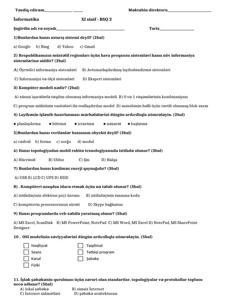 İnformatika - XI Sinif. BSQ-2 | PDF