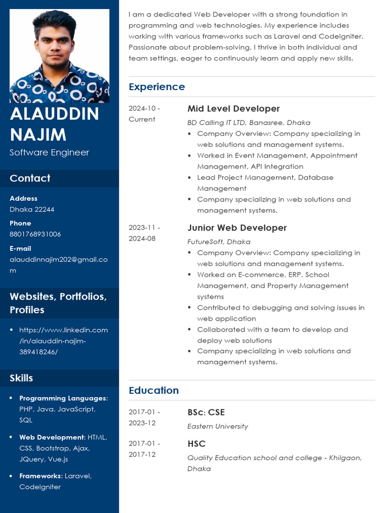 Web Developer Resume - Alauddin Najim | PDF | My Sql | Bootstrap (Front ...