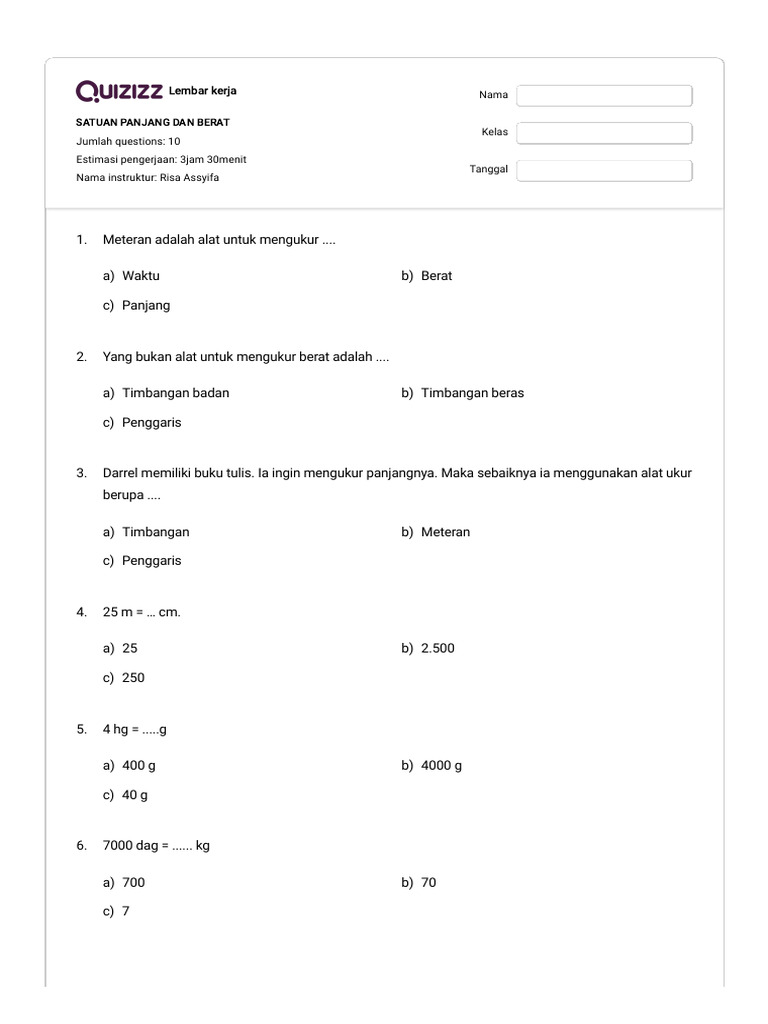 Soal Ukuran Panjang dan Berat Siswa | PDF
