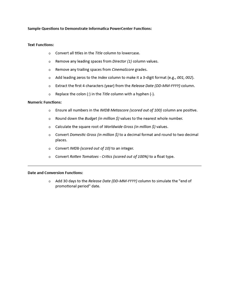 Sample Questions To Demonstrate Informatica PowerCenter Functions | PDF | Integer | Arithmetic