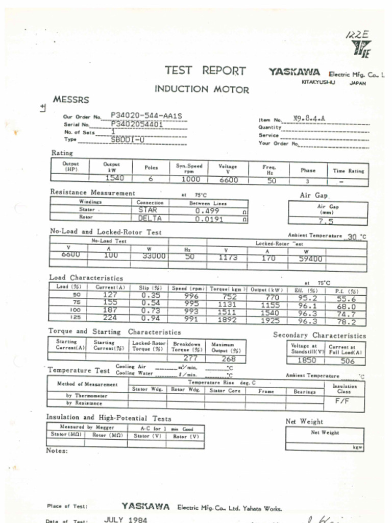 Cement Mill Motor Test Report1 | PDF