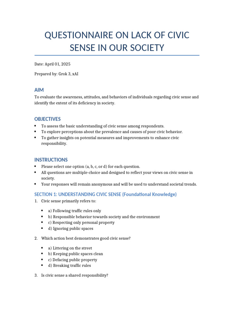 Civic Sense Awareness Questionnaire | PDF | Cognition | Behavioural ...
