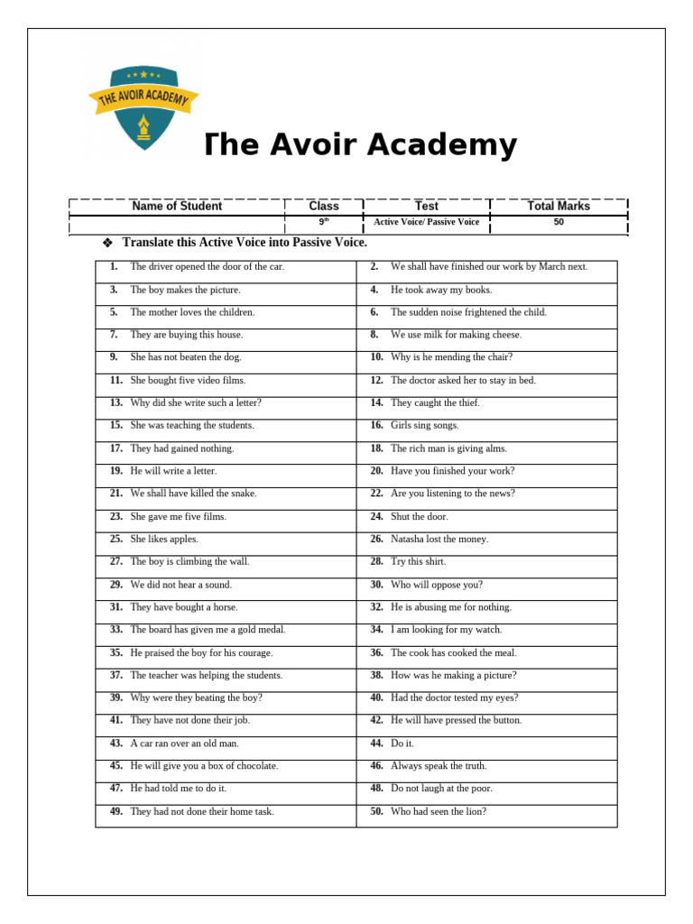 Active Passive Voice. Class 9 | PDF