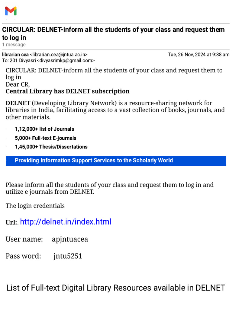 Gmail - CIRCULAR - DELNET-inform All The Students of Your Class and Request Them To Log in | PDF ...