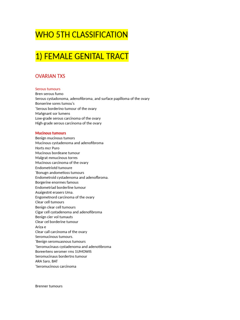 WHO 5TH E TX CLASSIFICATION ( word final) | PDF | Ovarian Cancer | Adenoma