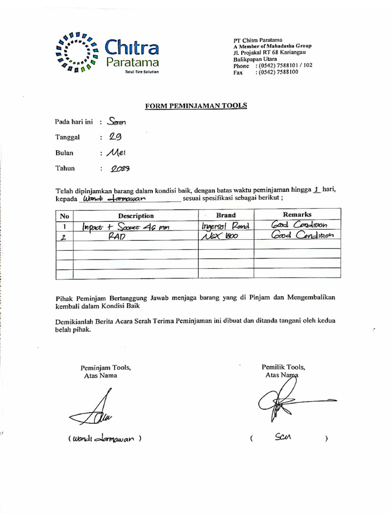 Form Peminjaman & Pengembalian Tools | PDF