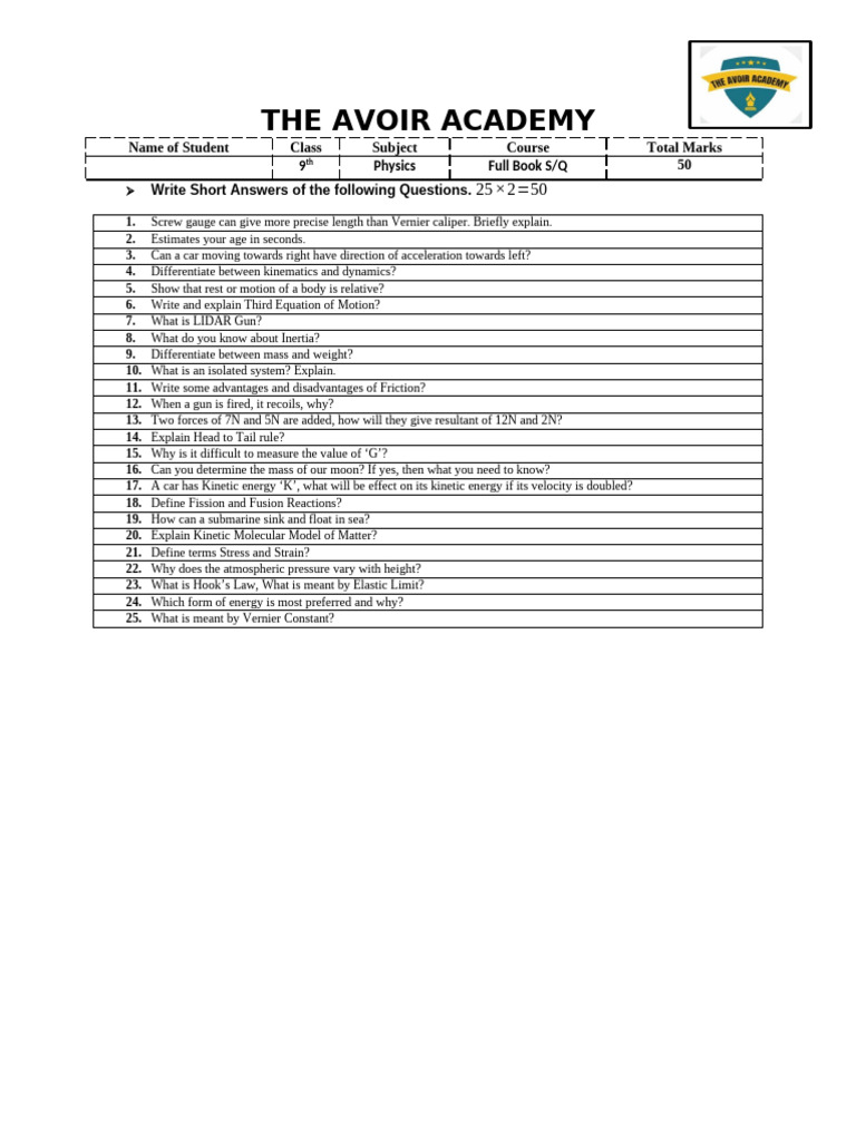 Full Book SQ's Class 9th PHYSICS | PDF