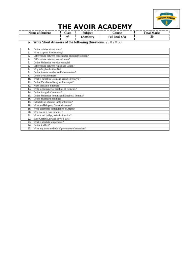 Full Book SQ's Class 9th CHEMISTRY | PDF