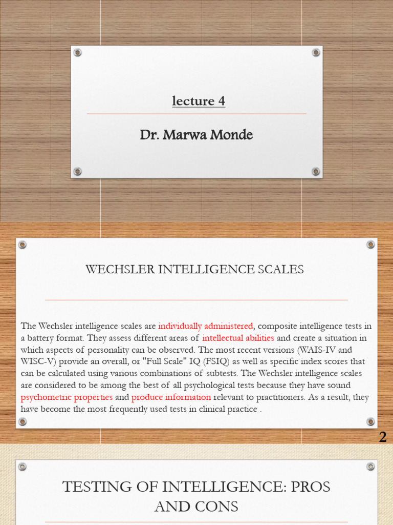 Lecture 4 الاختبارات النفسية | PDF | Intelligence Quotient | Wechsler Adult Intelligence Scale