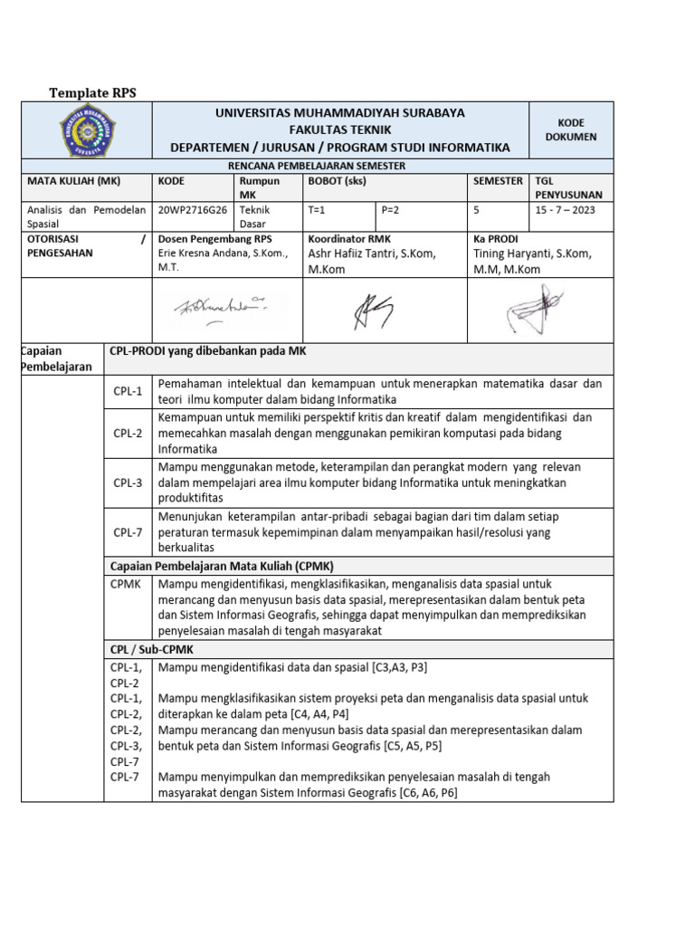 Sem5 RPS Analisis Dan Pemodelan Spasial 2023 | PDF