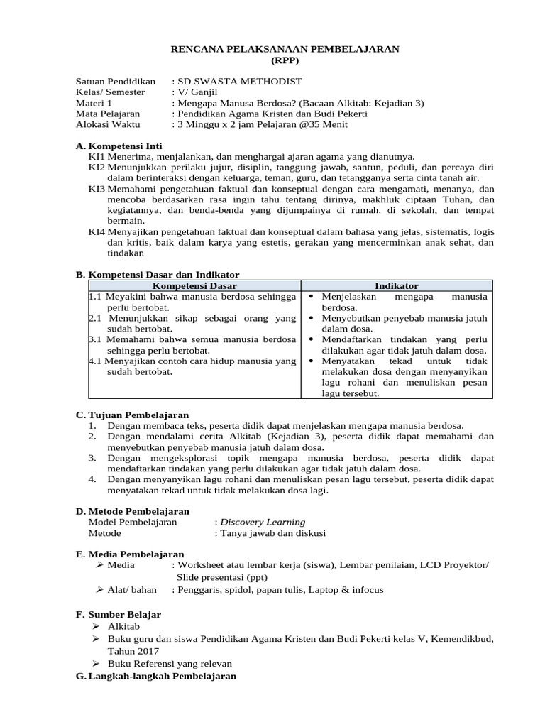 RPP Pak Dan Budi Pekerti Kelas 5 SD Bab 1 | PDF