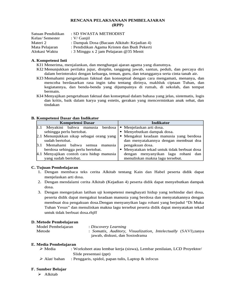 RPP Pak Dan Budi Pekerti Kelas 5 SD Bab 2 | PDF
