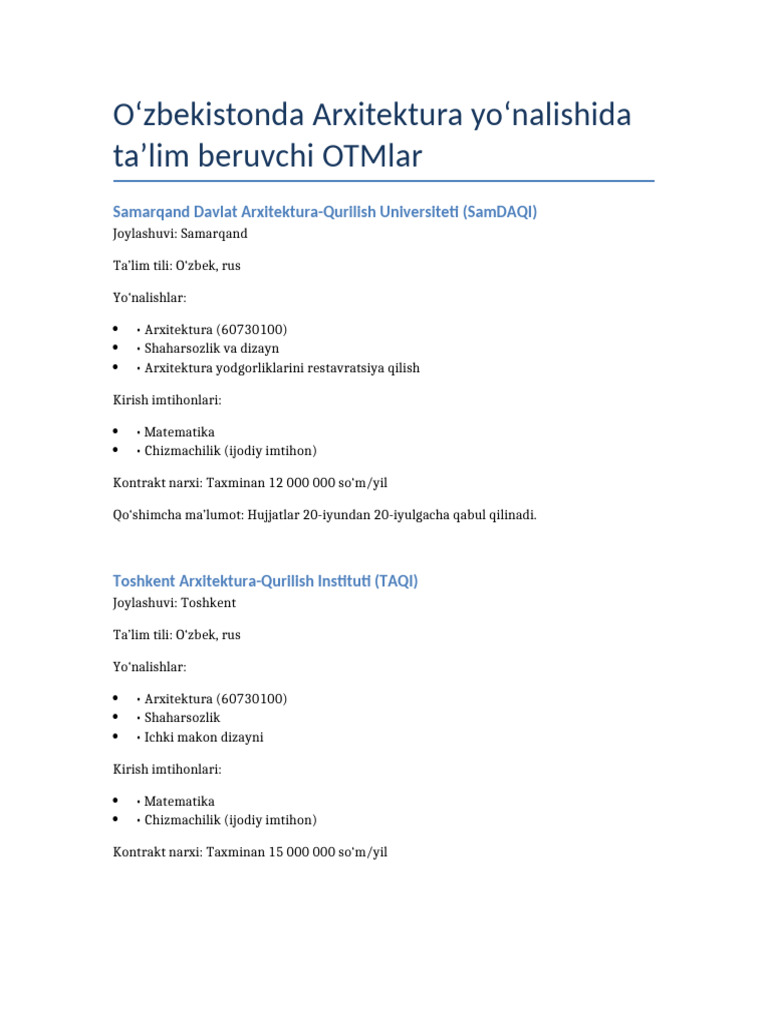 Arxitektura OTM Uzbekistan | PDF