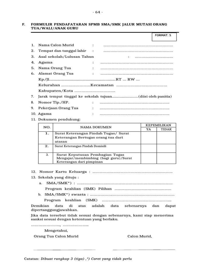 Formulir SPMB Jalur Mutasi Orang Tua | PDF