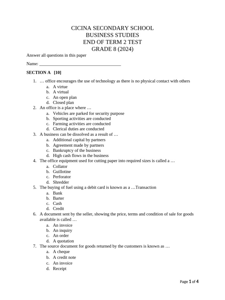 Grade 8 Business Studies Test 2024 | PDF | Bookkeeping | Debits And Credits