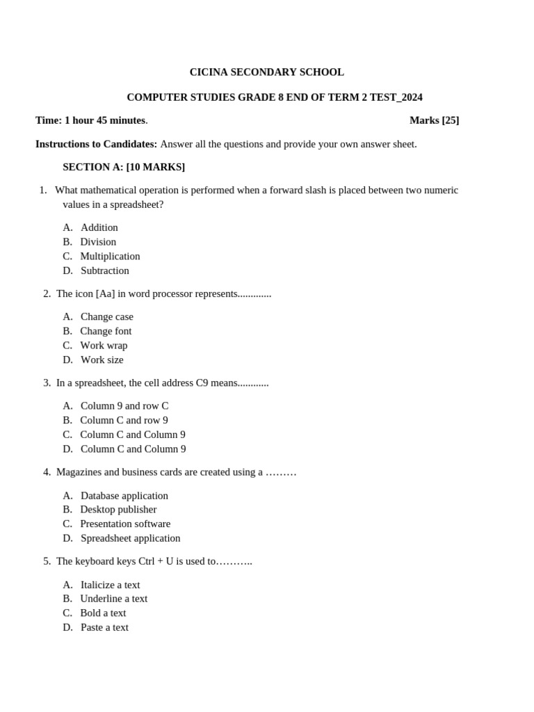 Computer Studies Grade 8 | PDF | Spreadsheet | Computer Keyboard