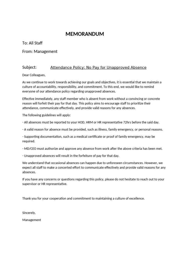 Attendance Policy: No Pay for Absences | PDF