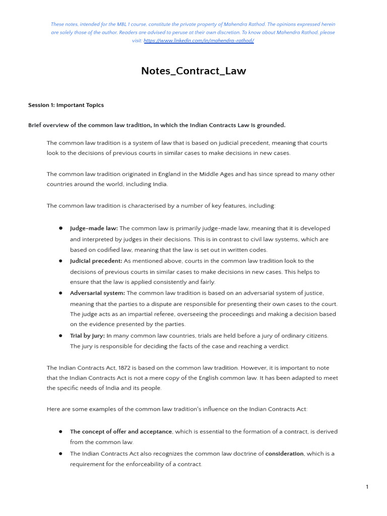 Notes - Contract - Law | PDF | Consideration | Common Law