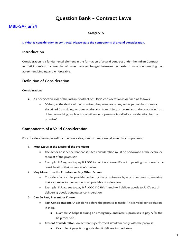 Question Bank Contract Law | PDF | Law Of Agency | Breach Of Contract