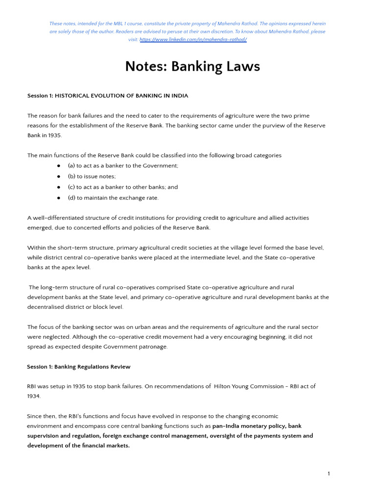 Notes - Banking Laws | PDF | Banks | Reserve Bank Of India