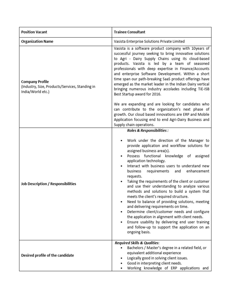 JD - Trainee Consultant (CMA Inter) - Bihar | PDF | Enterprise Resource Planning | Consultant