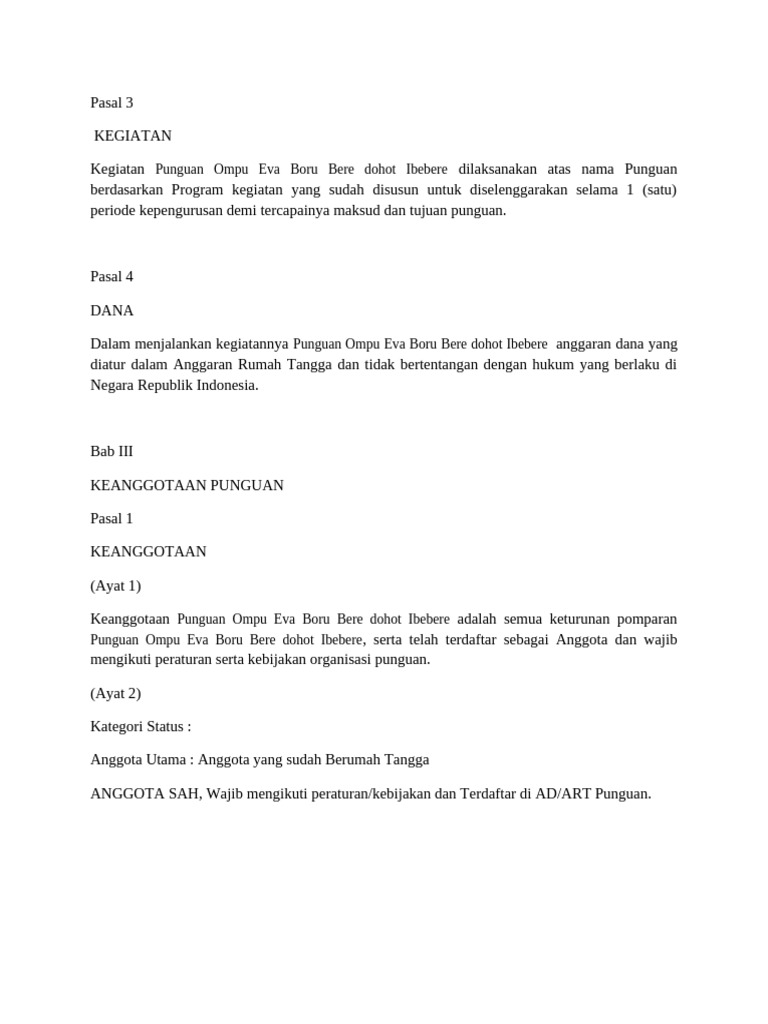 ADRT Punguan Ompu Eva Boru Bere Dohot Ibebere | PDF