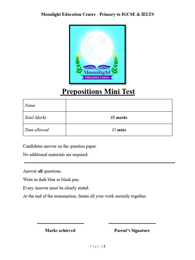 Prepositions Mini Test | PDF