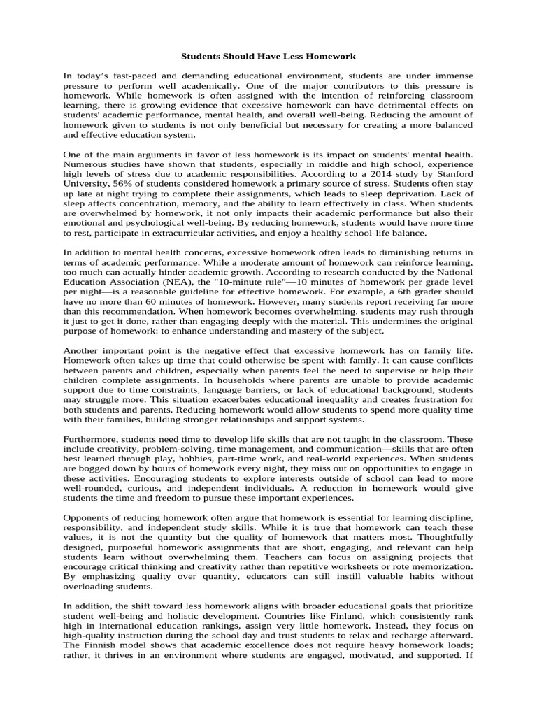 Students Should Have Less Homework | PDF | Homework | Learning