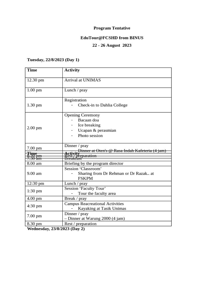 Binus Uni Tentative | PDF | Meal