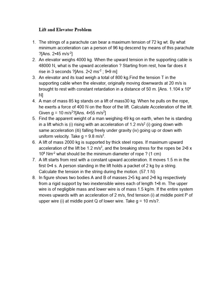 Lift and Elevator Physics Problems | PDF