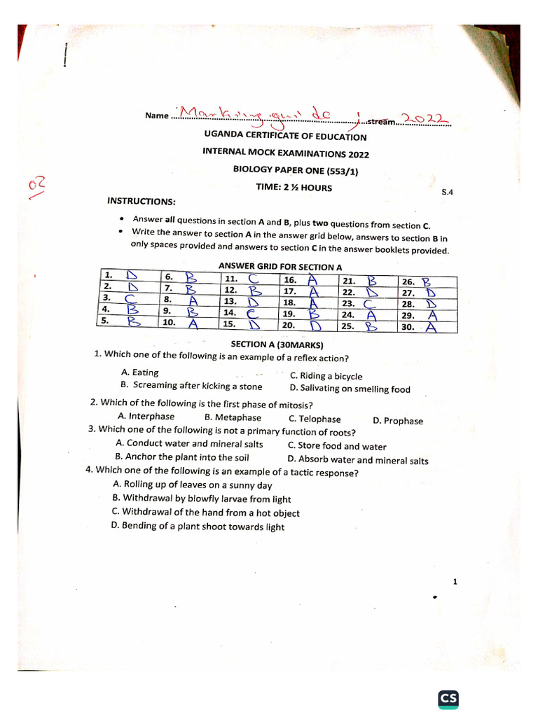 Internal Mock 2022 Bio 1 o 'Level | PDF