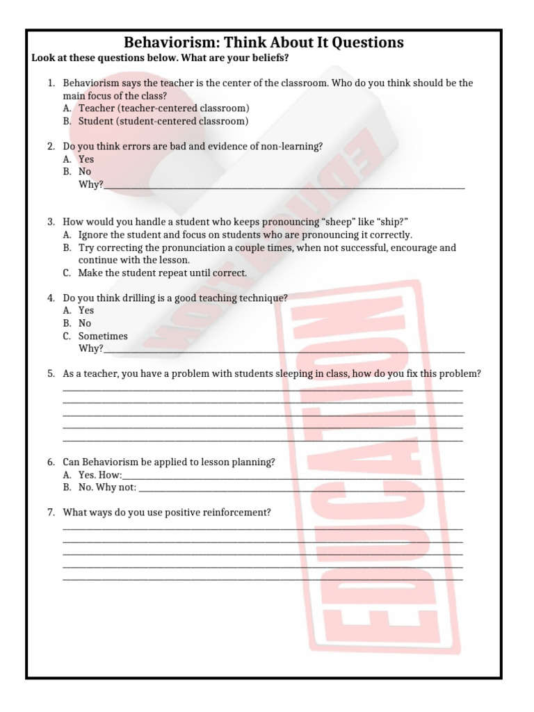 1 Behaviorism Think About It Questions | PDF | Teachers | Behaviorism