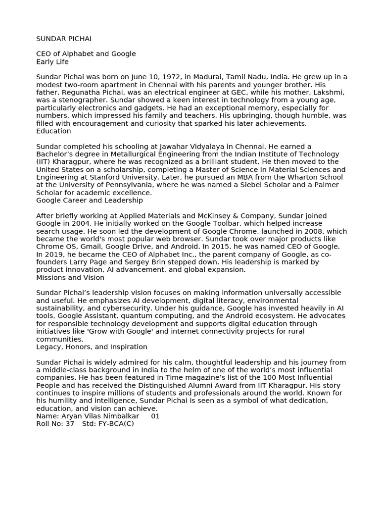 Sundar Pichai Biography Document | PDF | Alphabet Inc. | Google