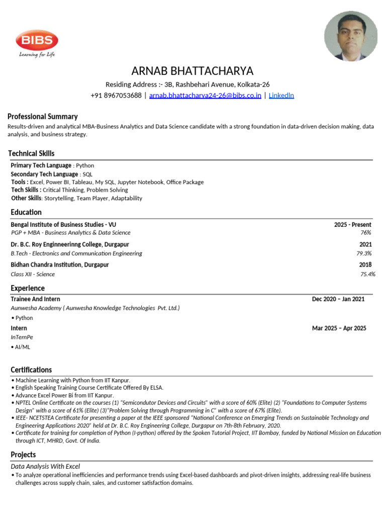 Arnab Bhattacharya - Resume | PDF | Data Science | Analytics