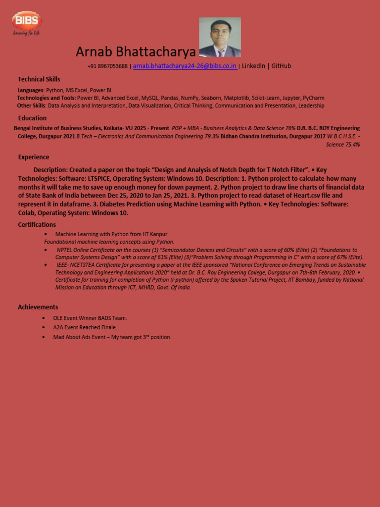 Arnab Bhattacharya - CV - BIBS | PDF | Computing
