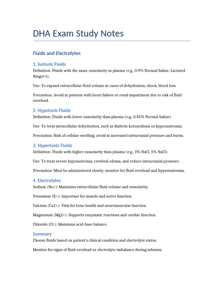 DHA_Study_Notes_Fluids_and_Electrolytes | PDF