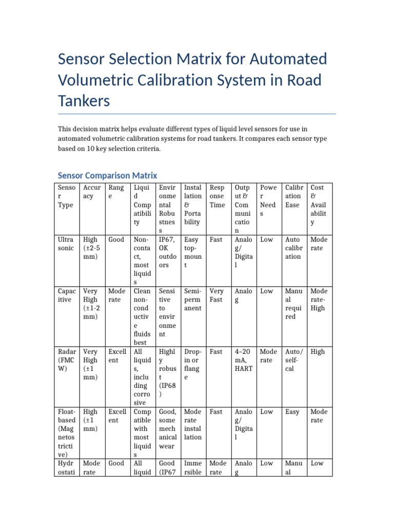 Sensor Selection for Tanker Calibration | PDF | Measuring Instrument ...