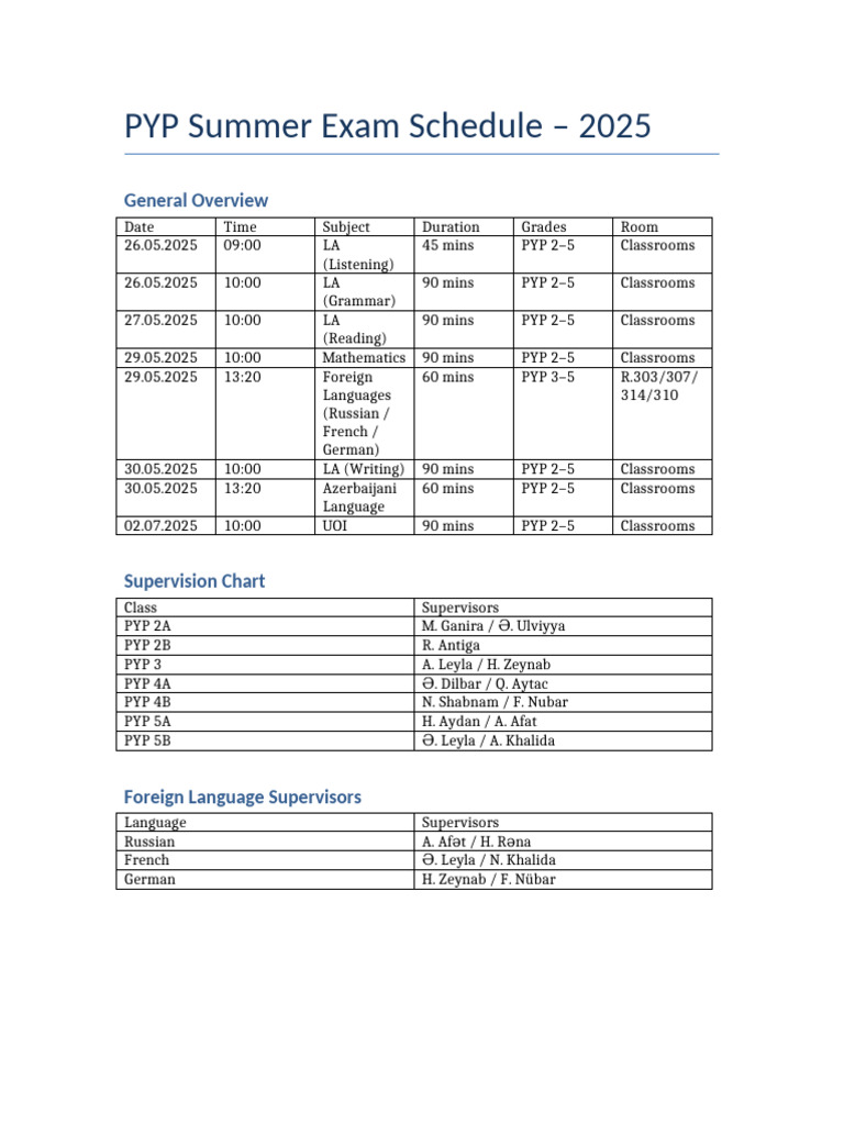 PYP Summer Exam Schedule 2025 | PDF