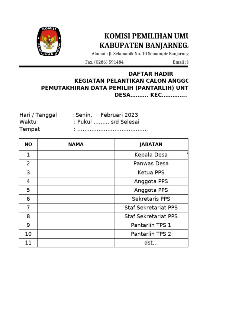 Daftar Hadir Pelantikan Pantarlih | PDF