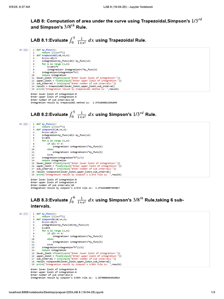 LAB 8 (19-04-25) - Jupyter Notebook | PDF | Integral | Mathematics Of ...