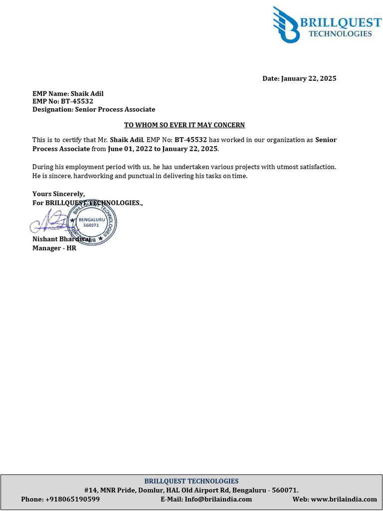 Exp Letter Brillquest Technologies | PDF