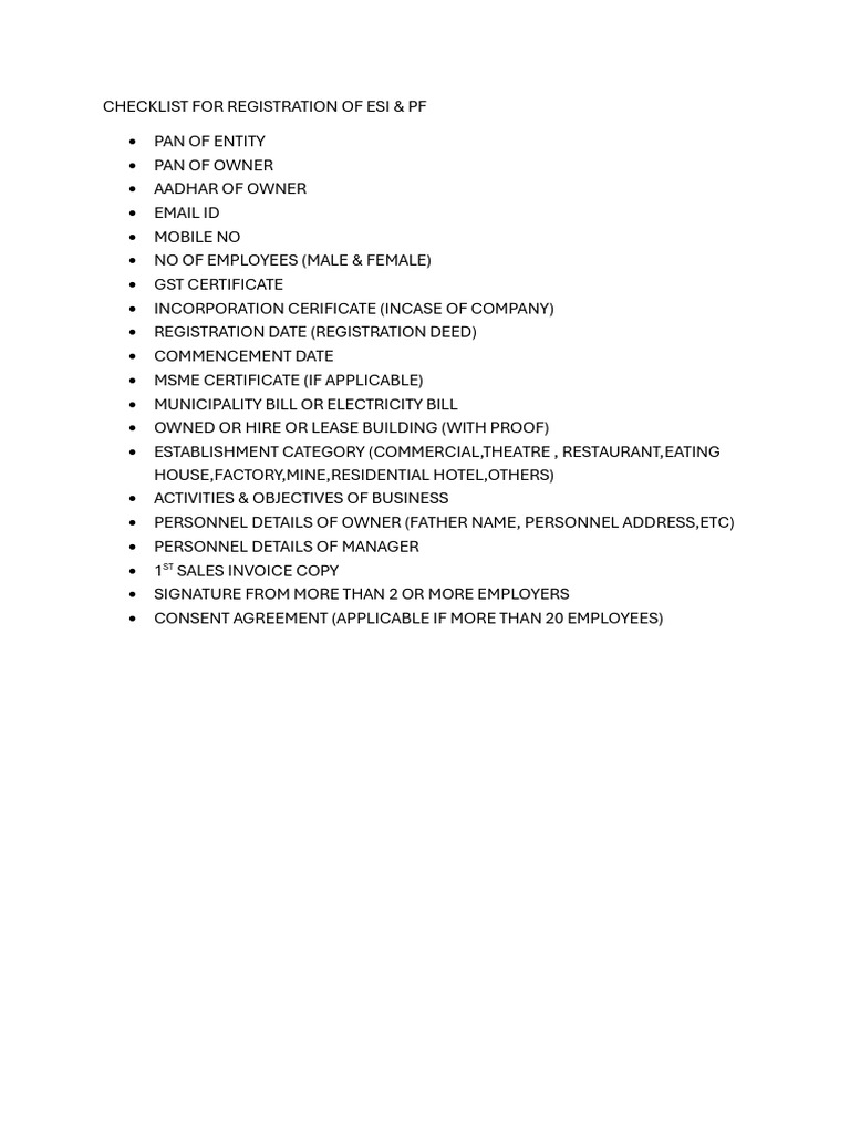 Checklist For ESI & PF | PDF