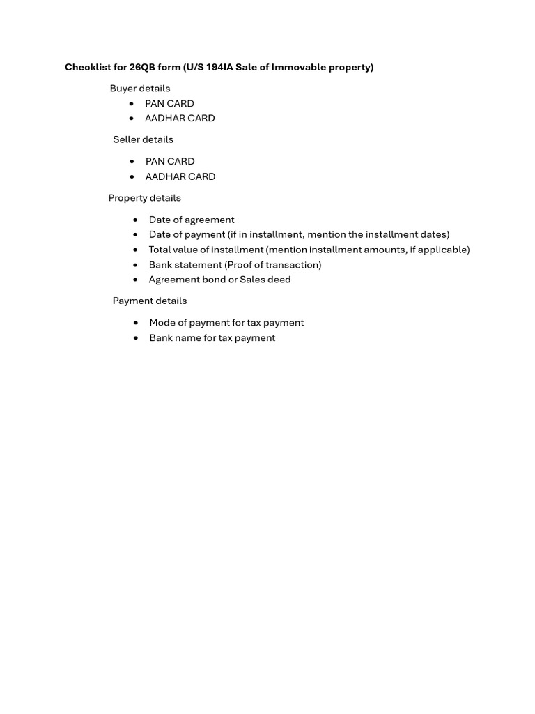 Checklist For 26QB Form | PDF