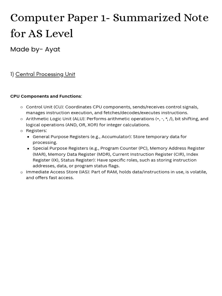 Summary of Central Processing Unit | PDF | Data Compression | Random Access Memory