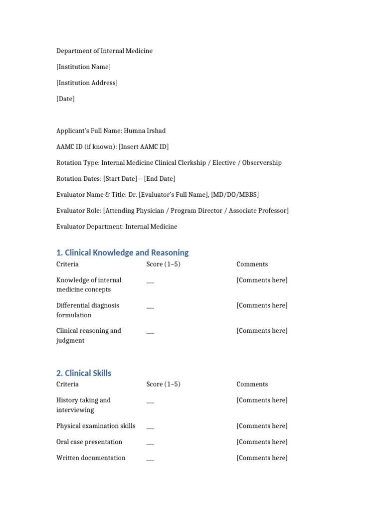 Internal Medicine Structured Evaluation Letter | PDF