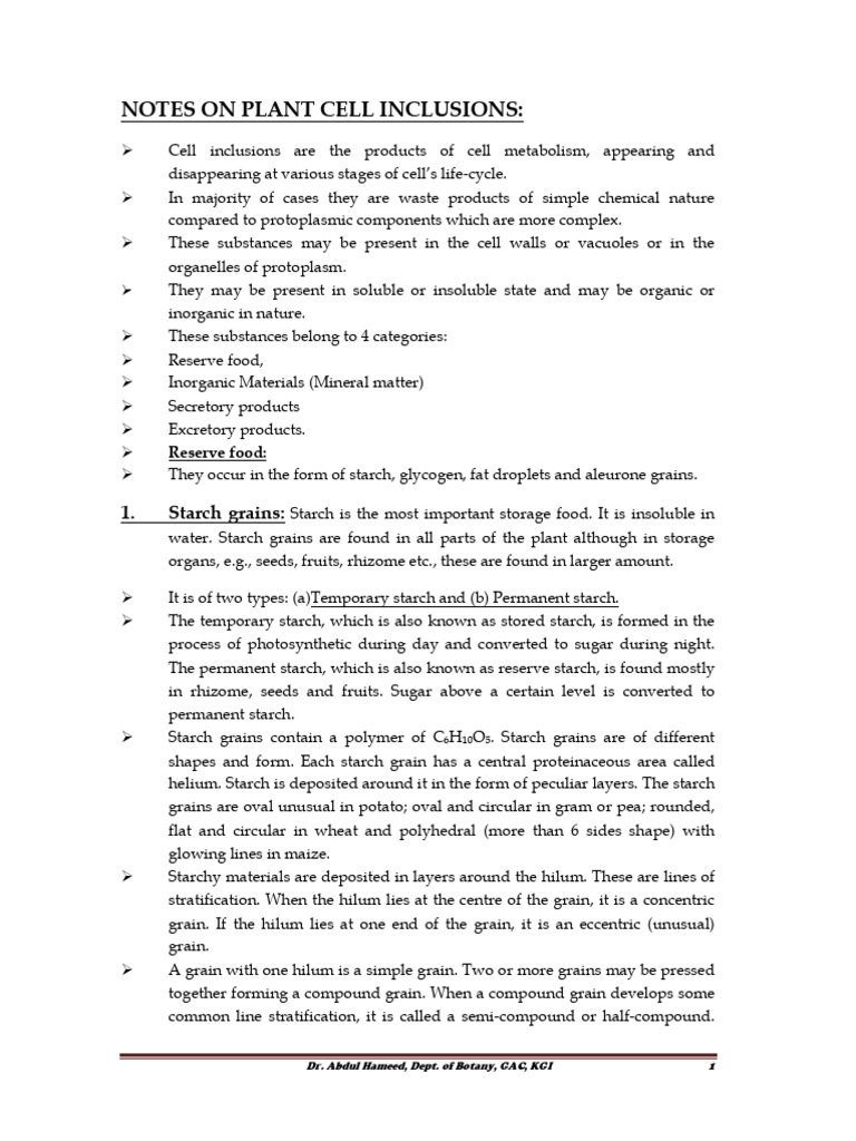 III BSC Cytology Cell Inclusions | PDF | Biology | Plants
